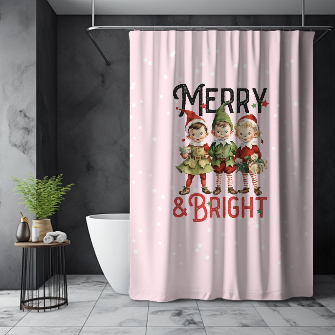 Elf Shower Curtain, Pink Christmas Shower Curtain, Retro Christmas ...