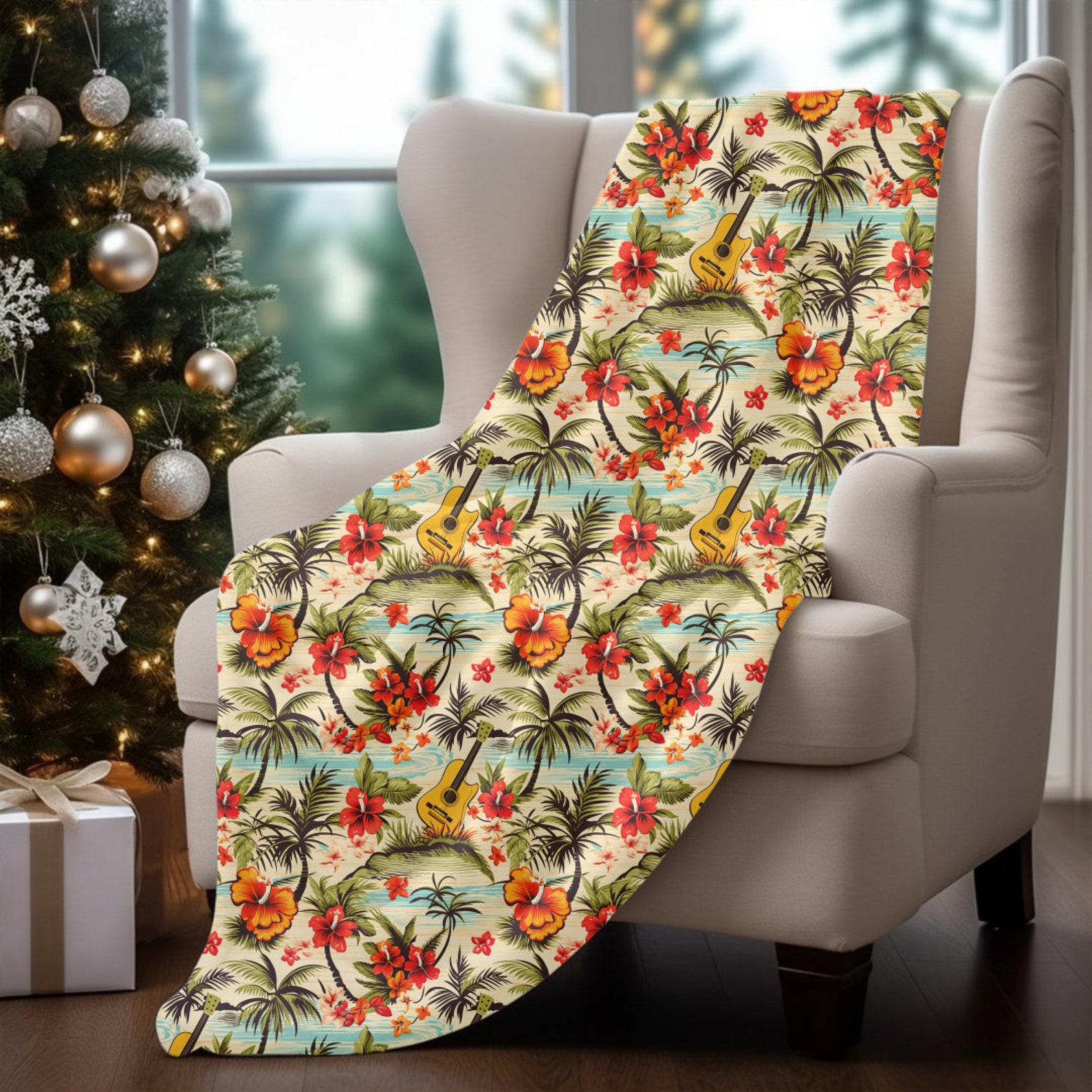 Retro Hawaiian Velveteen Blanket, Guitar Throw Blanket, Retro Throw ...