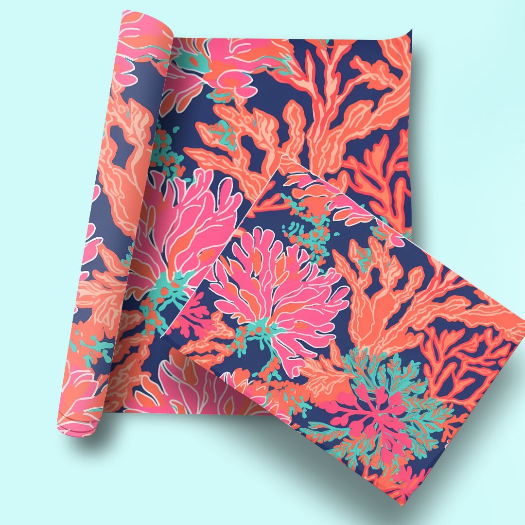 Preppy Colorful Coral Reef Wrapping Paper, Ocean Theme Wrapping Paper ...
