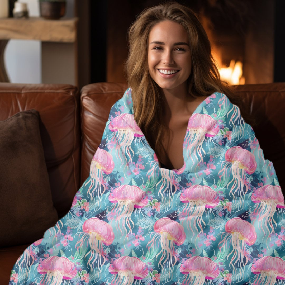 Preppy Coastal Jellyfish Throw Blanket, Coastal Home Decor, Jellyfish ...