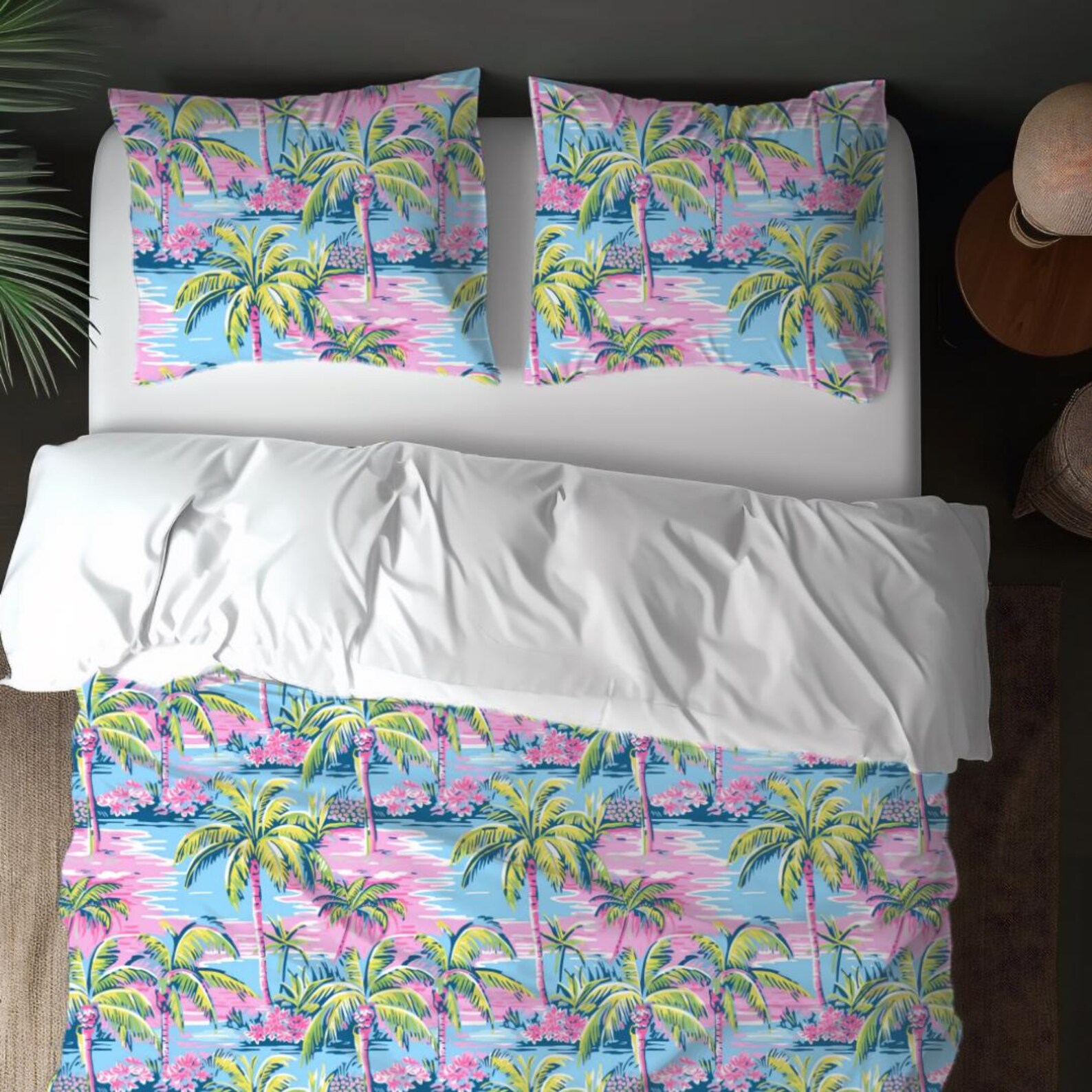 Preppy Palm Print Duvet Cover, Baby Blue Duvet Cover, Coastal Bedding ...