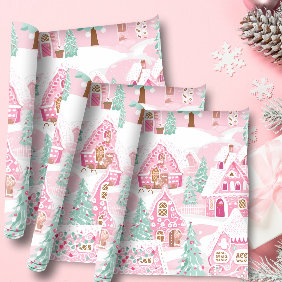 Pink Gingerbread House Wrapping Paper, Sweet Treats Christmas Wrapping ...
