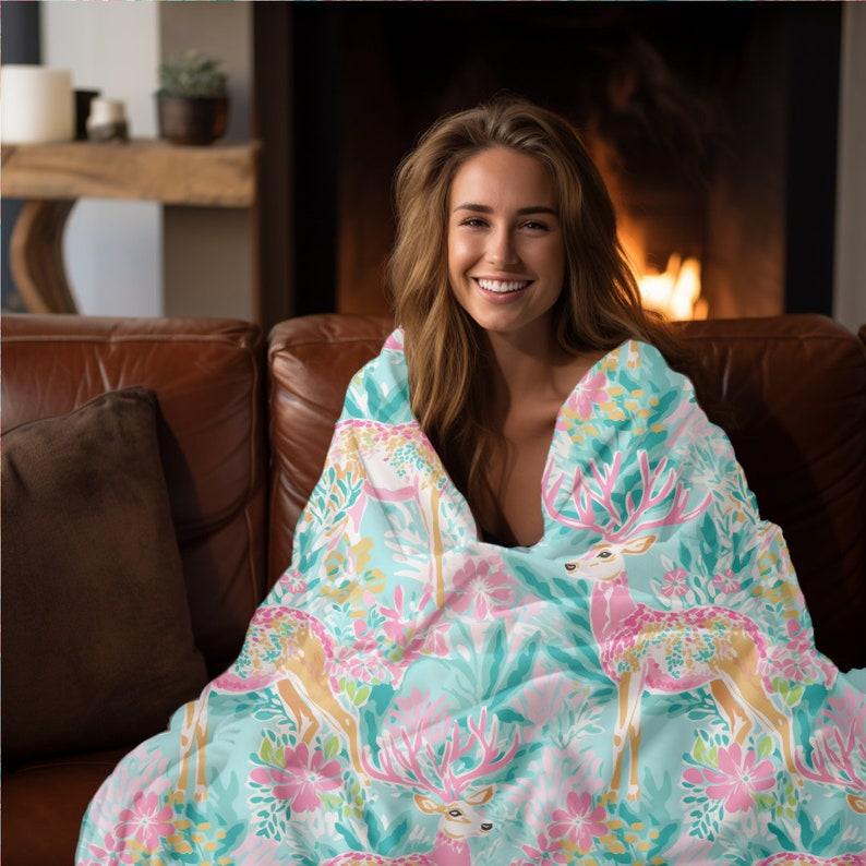 Preppy Aqua and Pink Christmas Reindeer Throw Blanket, Preppy Coastal ...