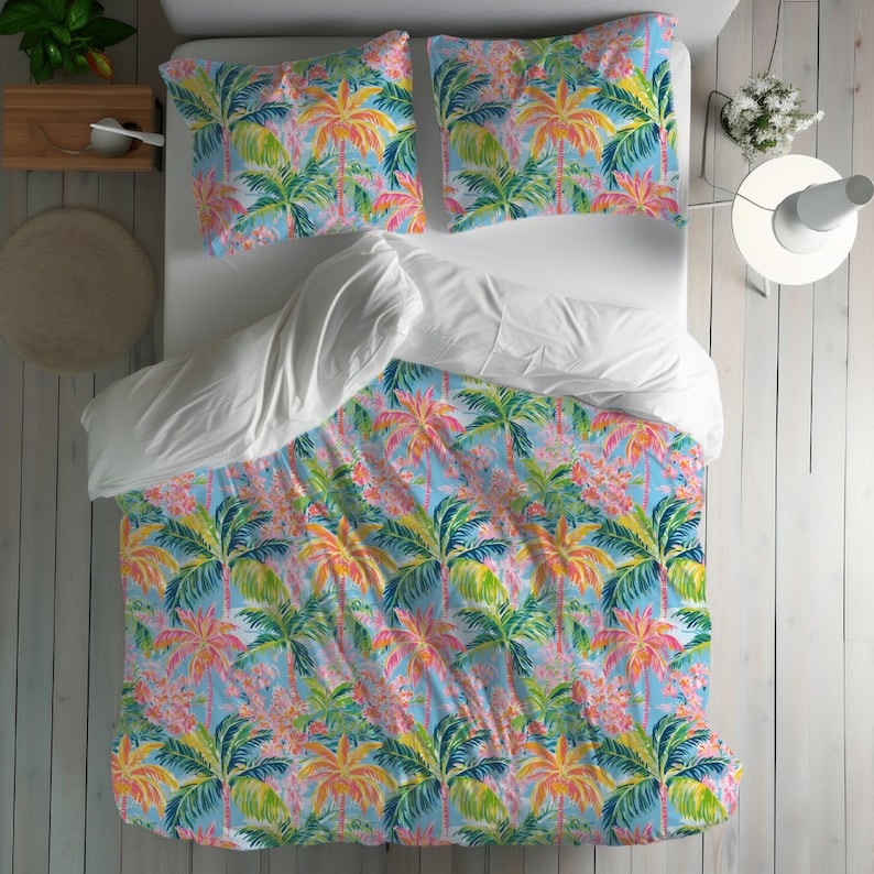 Preppy Palm Tree Duvet Cover or Bedding Set, Sky Blue Tropical Coastal ...