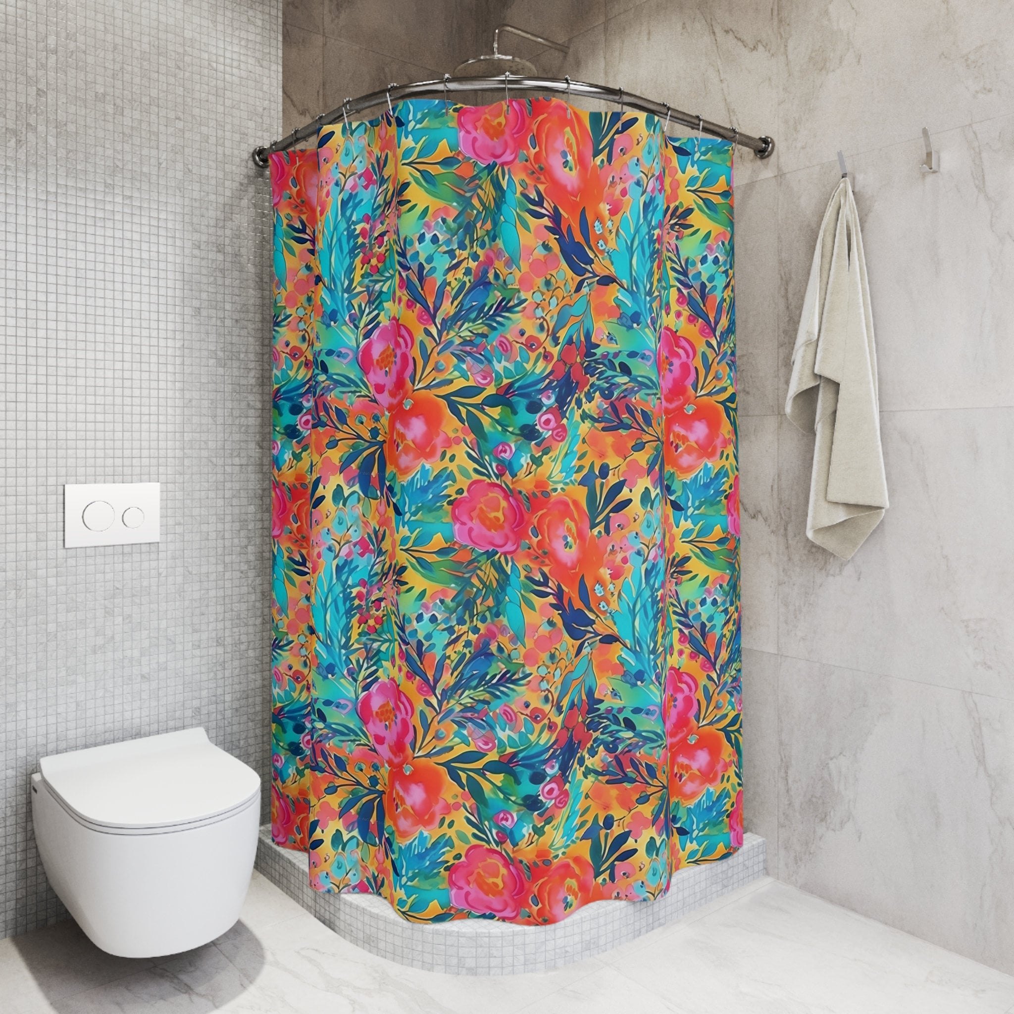 Preppy Bright Floral Fabric Shower Curtain, Turquoise Shower Curtain ...