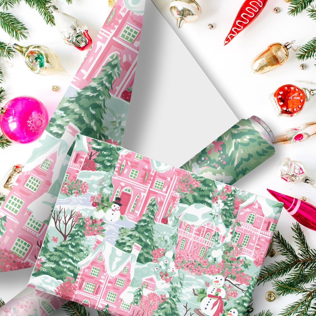 Preppy Christmas Village Wrapping Paper, Pink Christmas Wrapping Paper ...