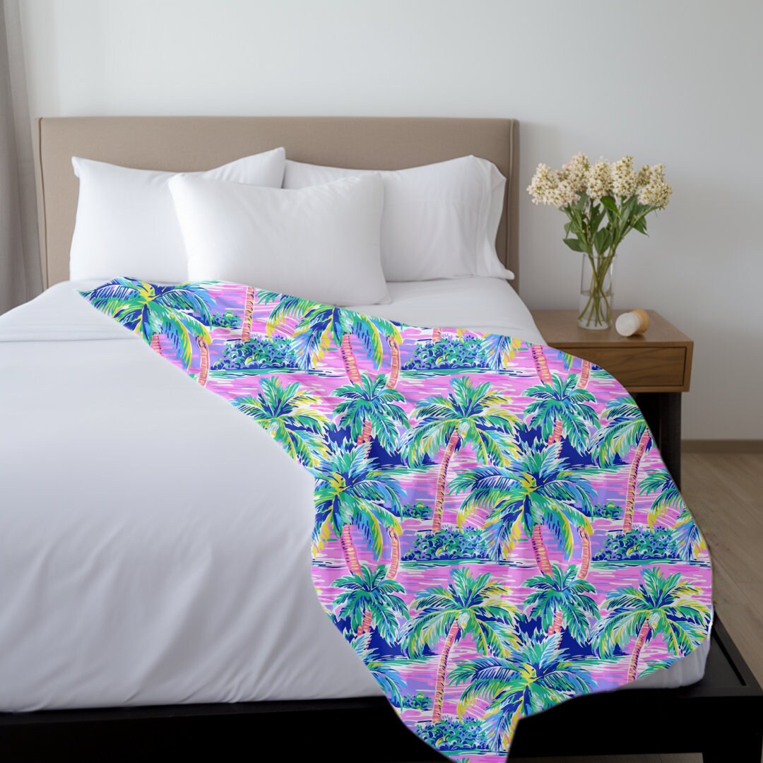Preppy Pink Palm Print Blanket, Preppy Room Decor, Coastal Blanket ...