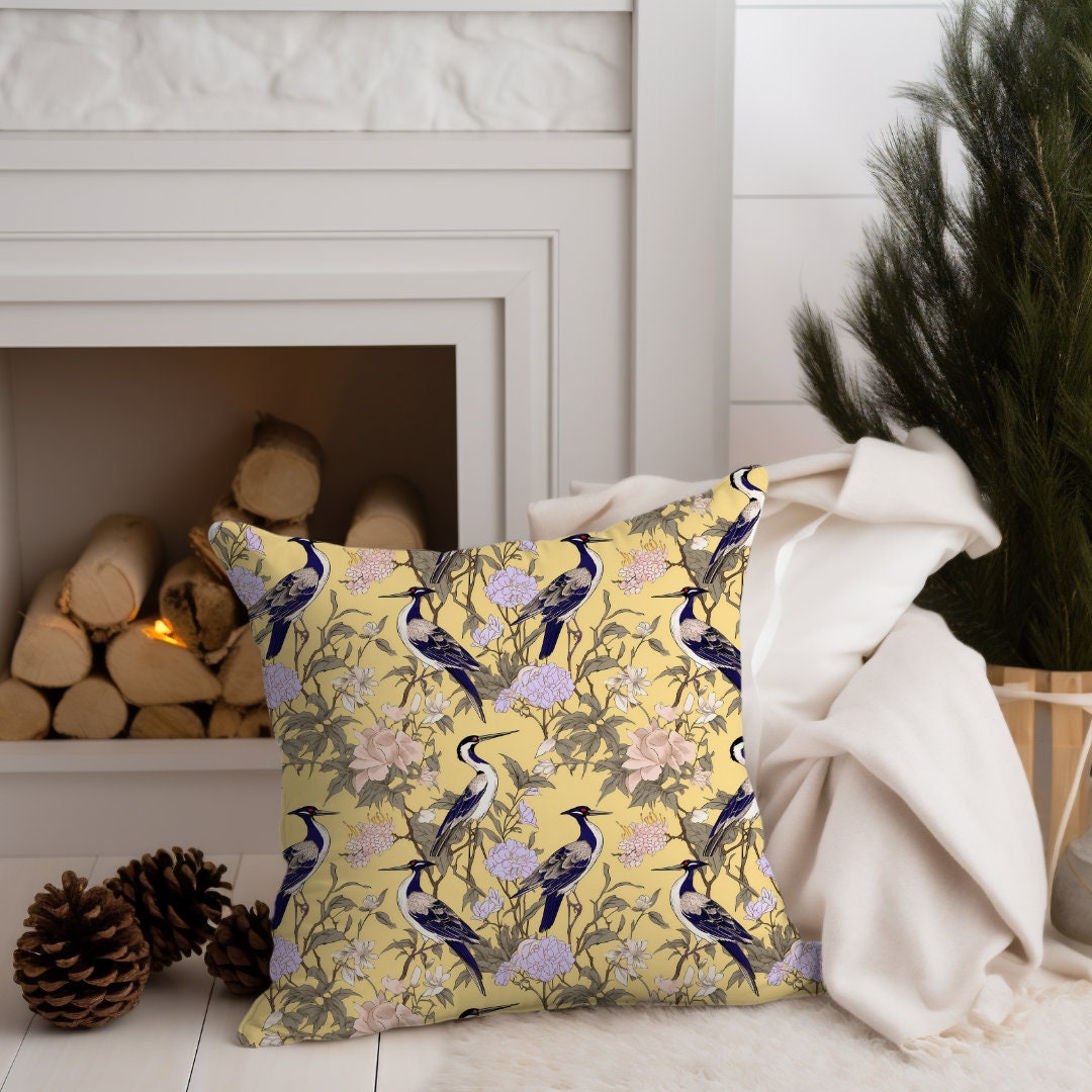 Coastal Crane Throw Pillow, Crane Throw Pillow, Yellow Throw Pillow ...