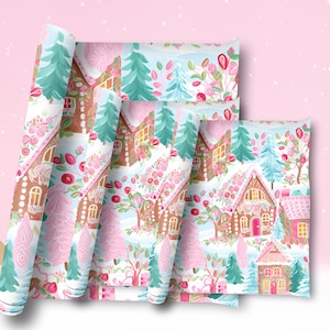 Candy Theme Wrapping Paper, Gingerbread House Wrapping Paper, Pink ...