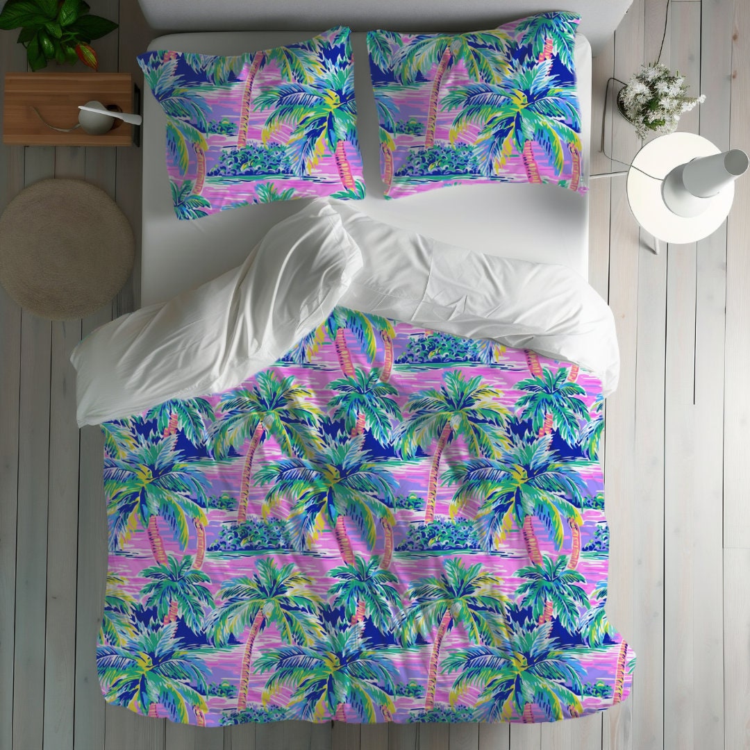 Preppy Palm Print Duvet Cover, Beach Vibes Duvet Cover, Twin XL Duvet ...