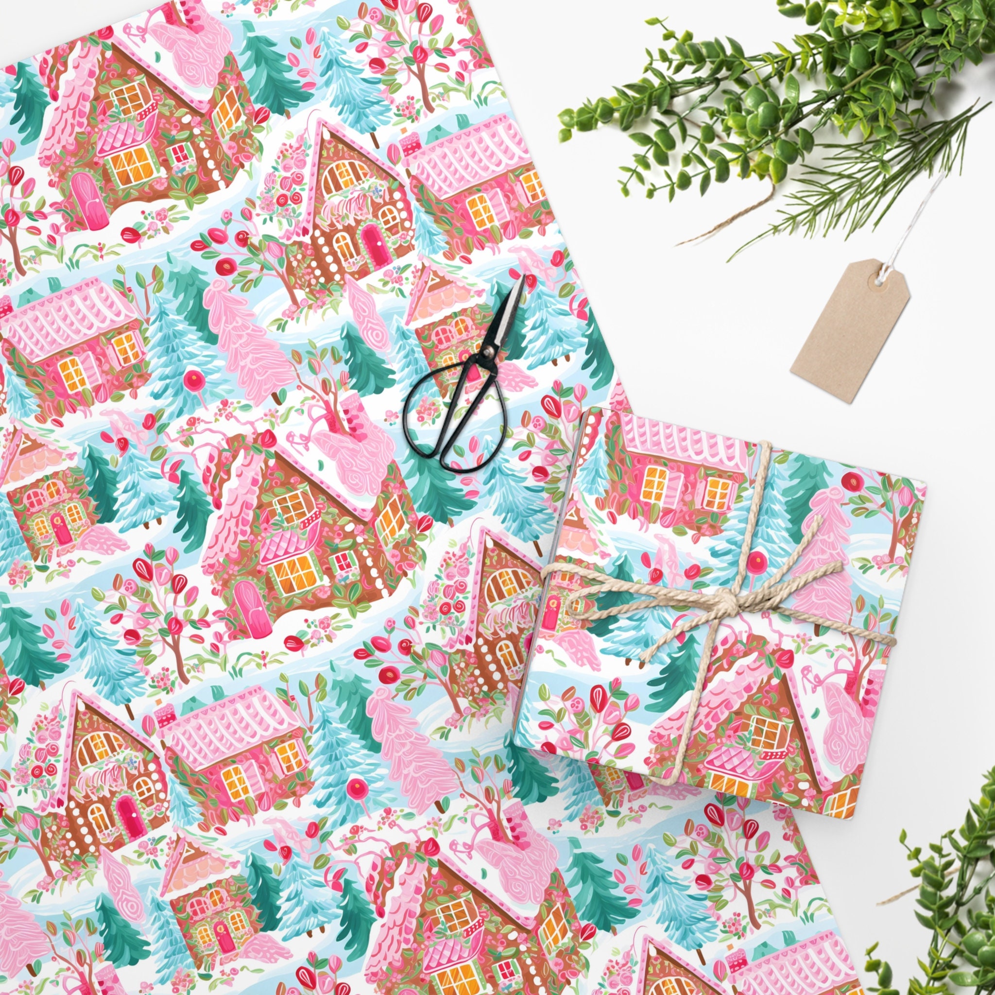 Candy Theme Wrapping Paper, Gingerbread House Wrapping Paper, Pink ...