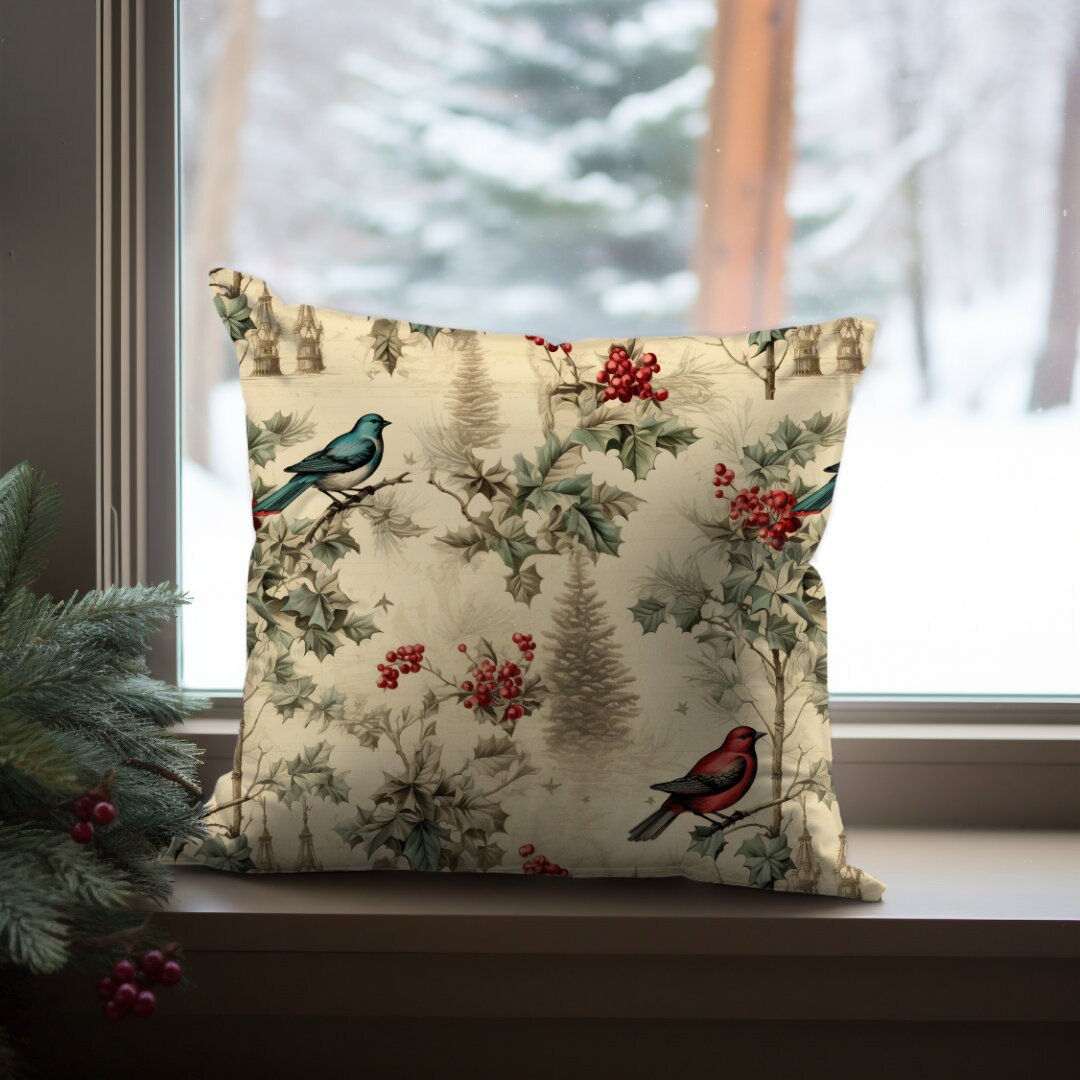 Vintage Vibes Cardinal Christmas Throw Pillow, Decorative Birds Throw ...