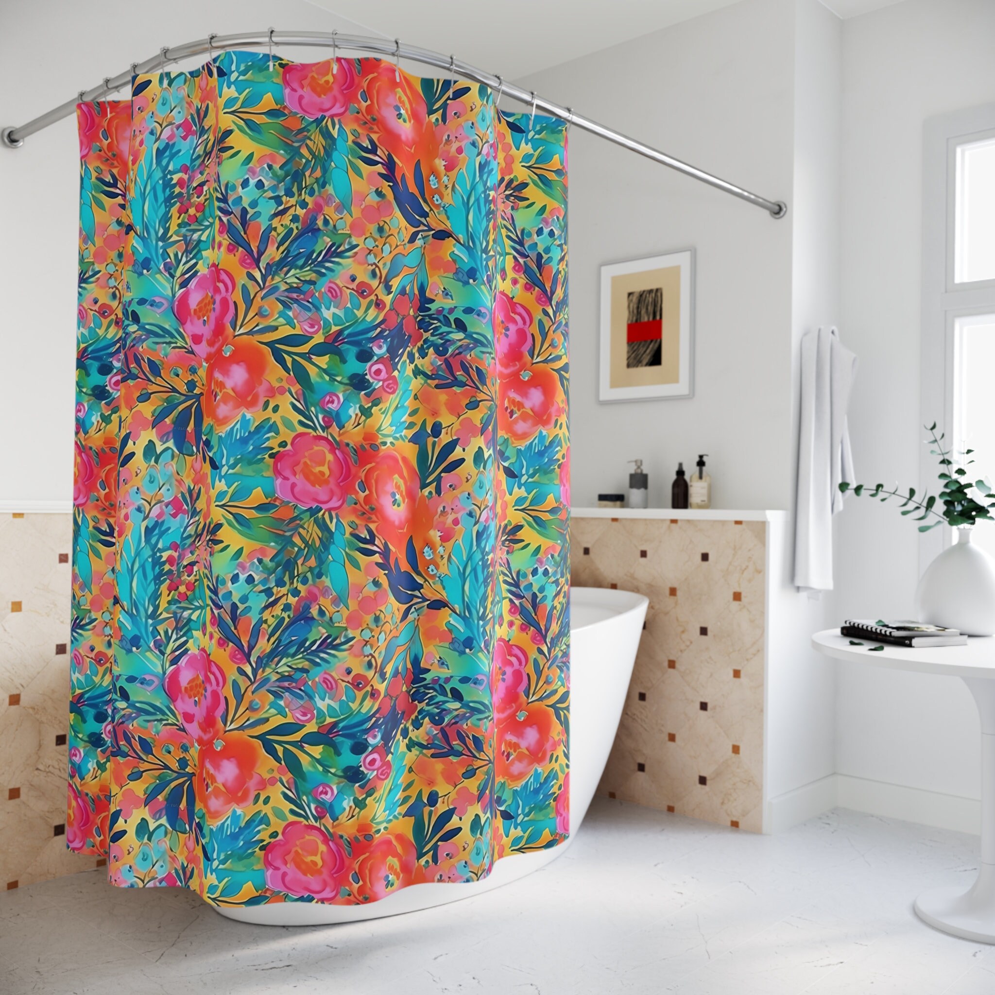 Preppy Bright Floral Fabric Shower Curtain, Turquoise Shower Curtain ...