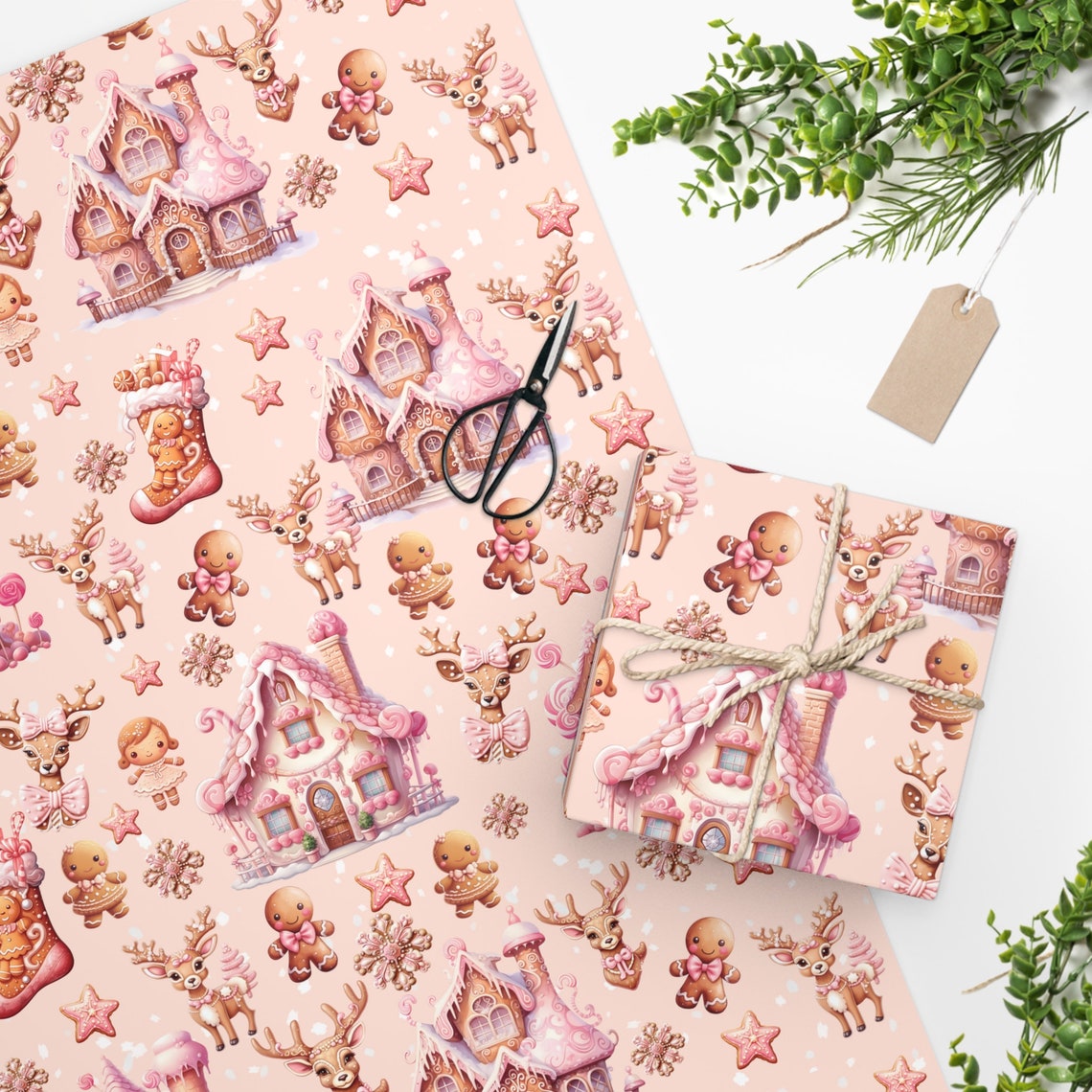 Gingerbread Wrapping Paper, Gingerbread House Wrapping Paper, Pink ...