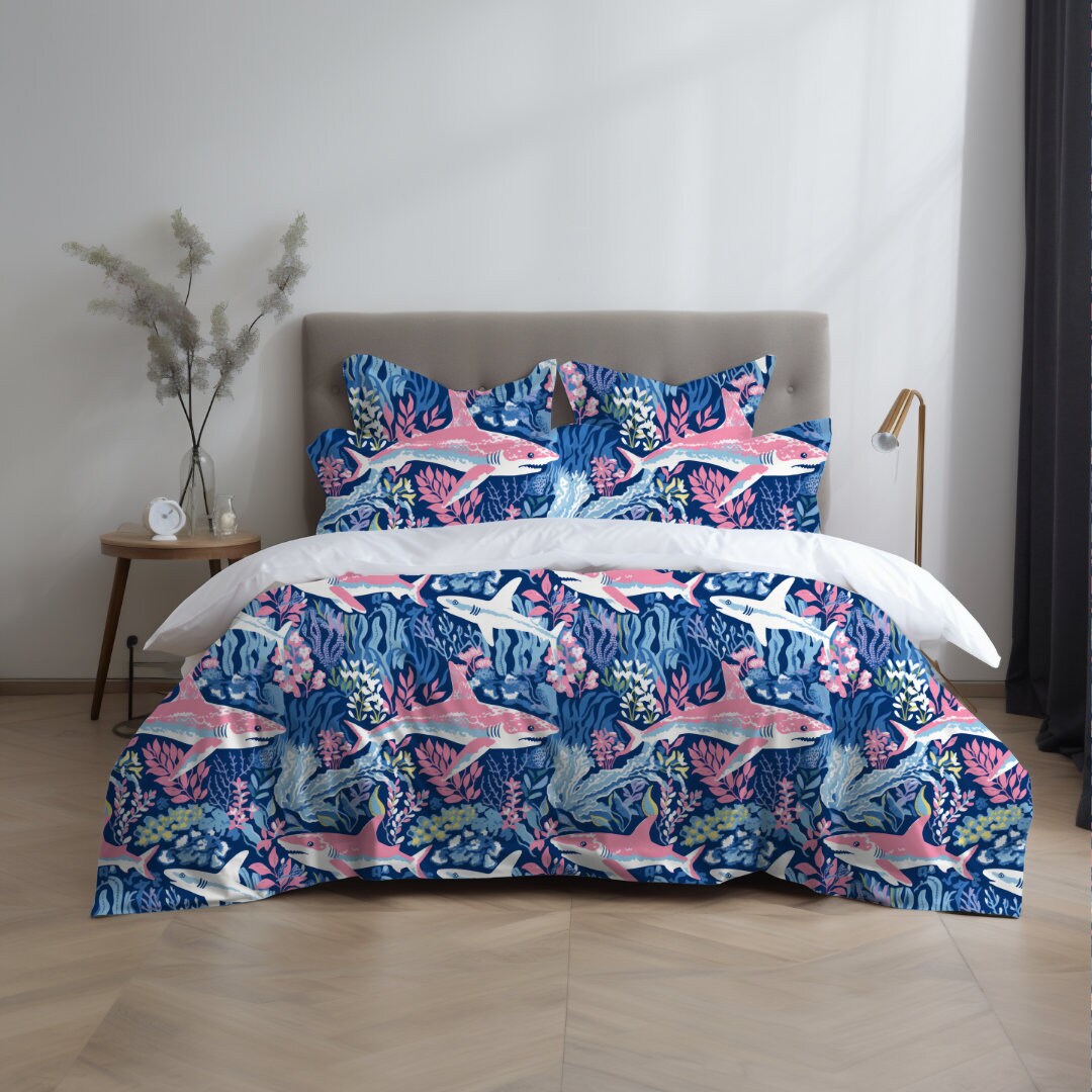 Preppy Shark Dolphin Duvet, Coastal Duvet Cover, Tropical Duvet Cover ...
