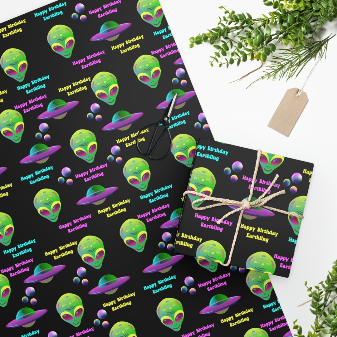 Psychedelic Alien UFO Sci Fi Happy Birthday Earthing Wrapping Paper ...