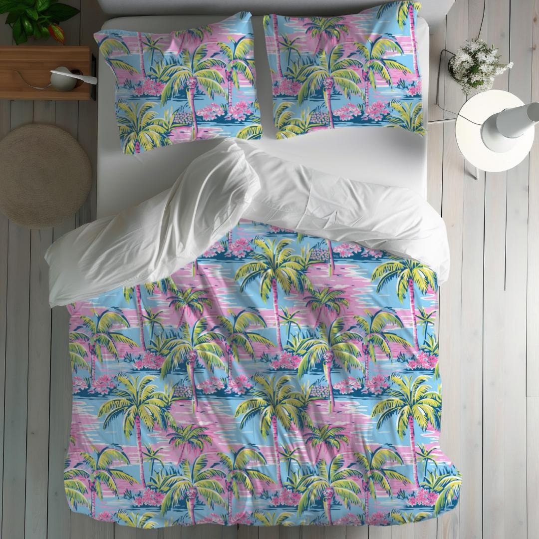 Preppy Palm Print Duvet Cover, Baby Blue Duvet Cover, Coastal Bedding ...