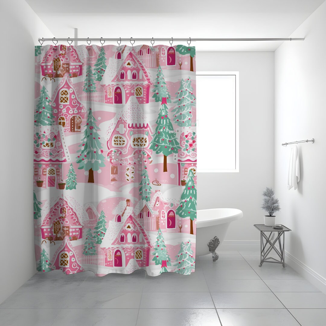 Preppy Pink Gingerbread House Shower Curtain, Gingerbread Shower ...