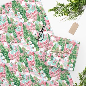 Preppy Christmas Village Wrapping Paper, Pink Christmas Wrapping Paper ...