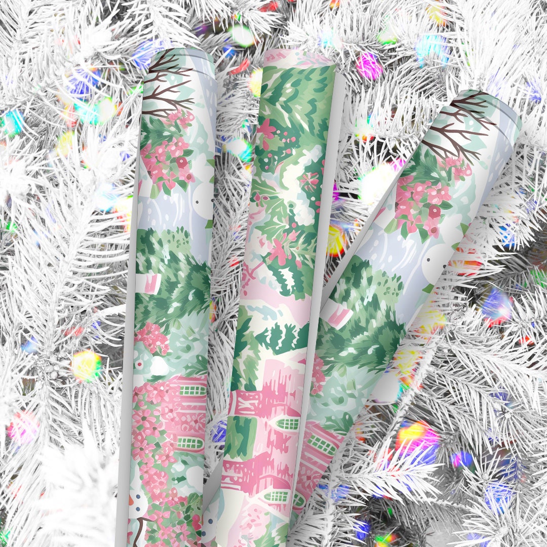 Preppy Christmas Village Wrapping Paper, Pink Christmas Wrapping Paper ...