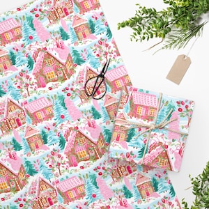 Candy Theme Wrapping Paper, Gingerbread House Wrapping Paper, Pink ...
