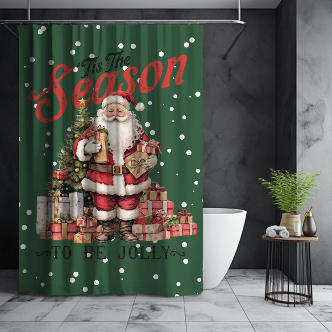 Tis the Season Santa Green Shower Curtain, Festive Shower Curtain ...