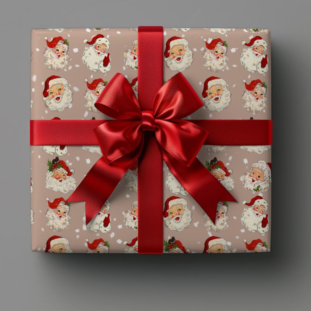 Neutral Retro Santa Wrapping Paper, Xmas Wrapping Paper, Retro Wrapping ...