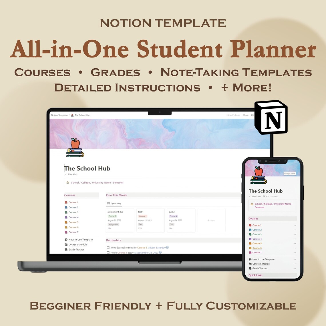 Notion Student Planner Template School Dashboard Notion - Etsy