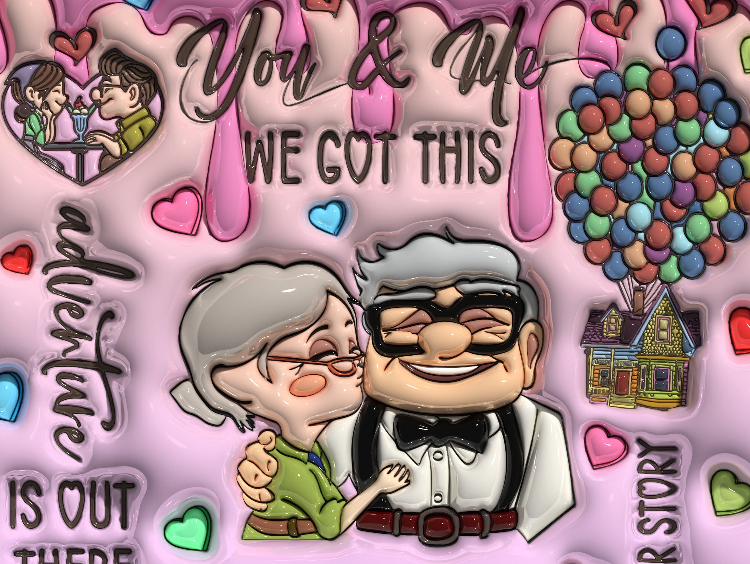 RTS 3D Carl and Ellie Puffy Pink Valentines Day up Disney Sublimation ...