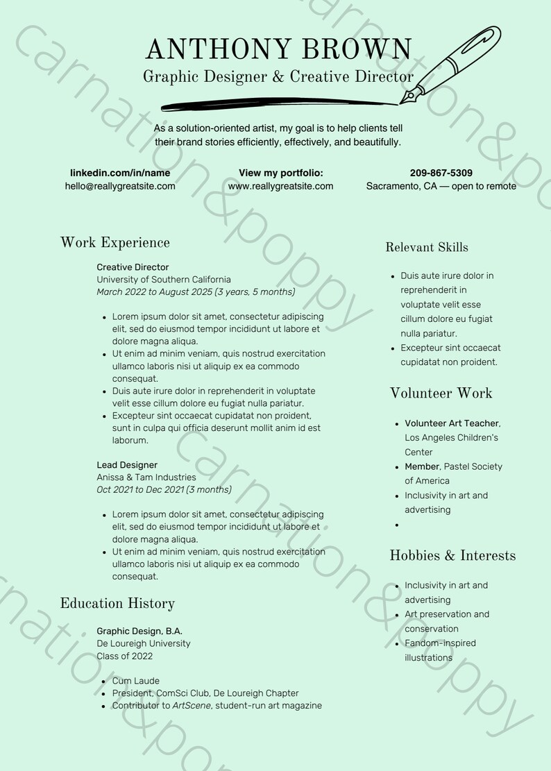 Simple Resume Template: Editable Digital Template for Work Resume in Light Green, Fully ...