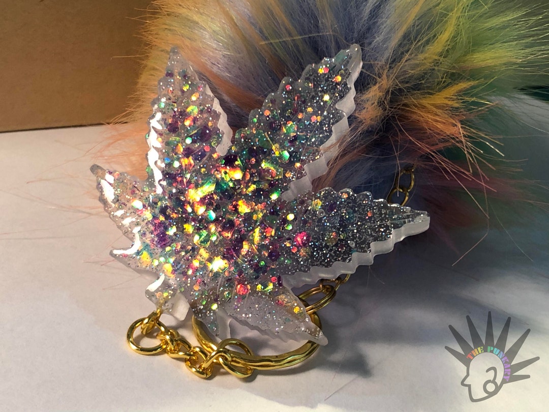 Glitter Iridescent Cannabis Leaf Resin Keychain With Faux Fur Poof! - Etsy