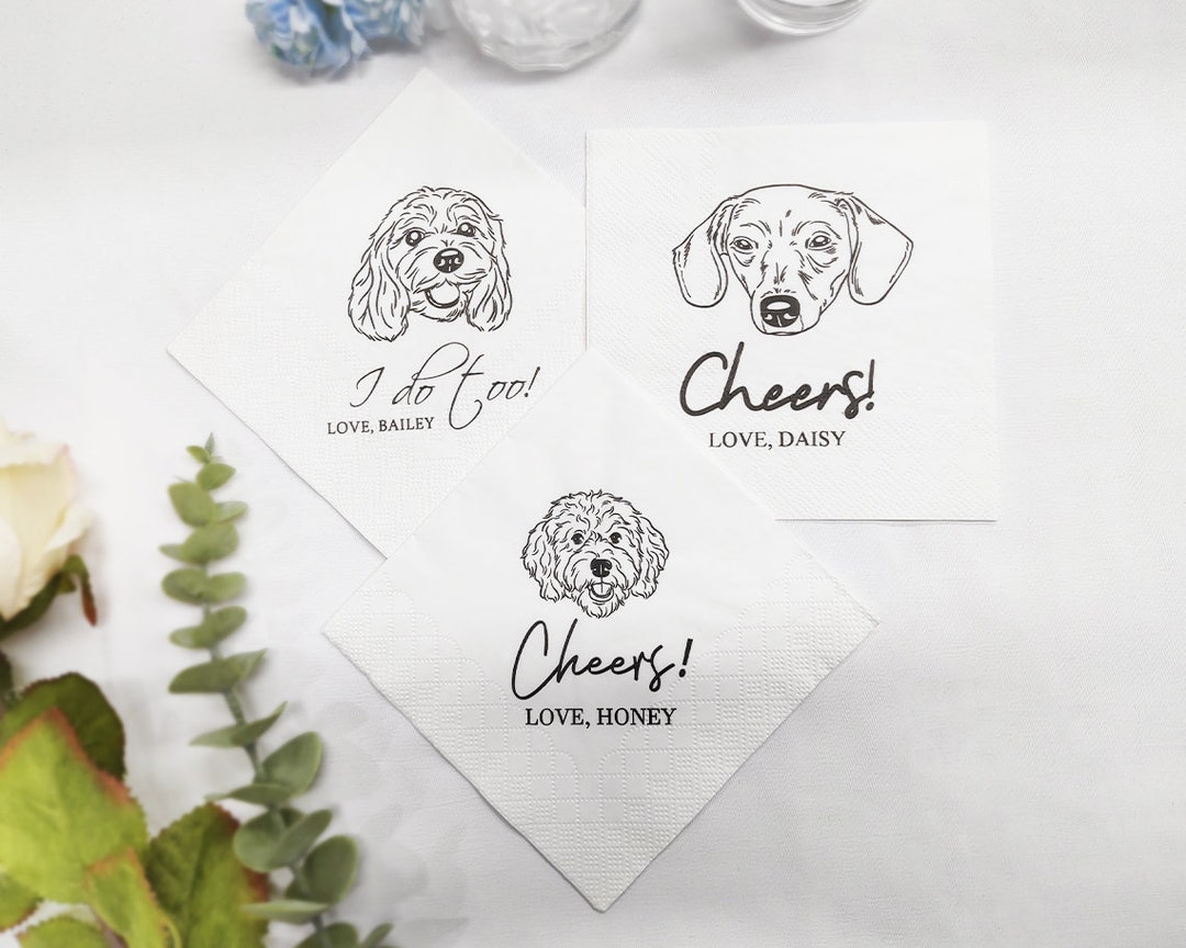 Custom Illustrated Dog Wedding Napkins, Personalized Pet Cocktail ...