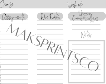 Weekly Course Assignment Tracker// Reminder - Etsy