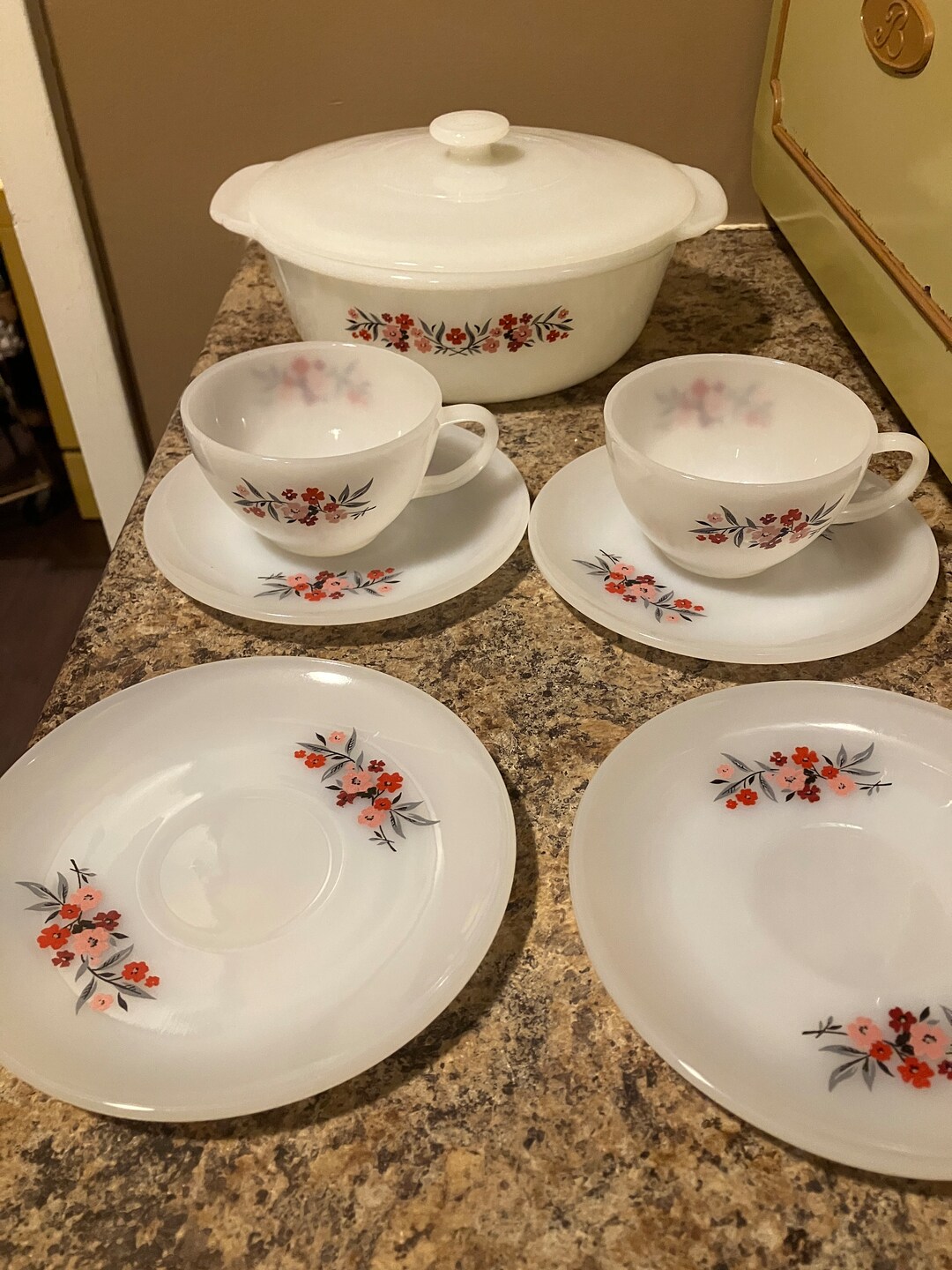 1960's Fire King Primrose Casserole Dish/ Milk Glass/plates, Pristine ...