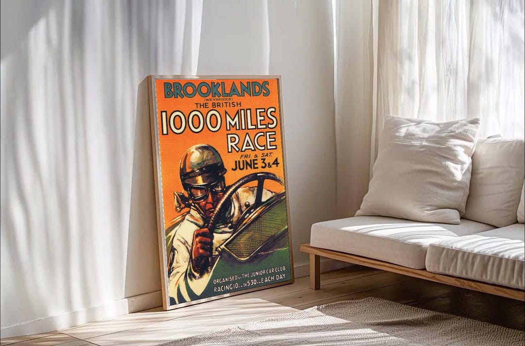 Vintage Motor Racing Poster Brooklands 1000 Miles 1930 Retro Wall Art ...