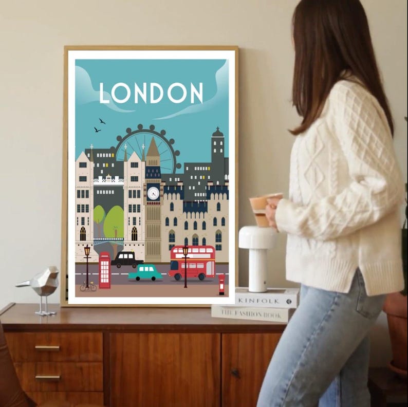 London Vintage Travel Poster Retro Flat Illustration Wall Art Bright ...