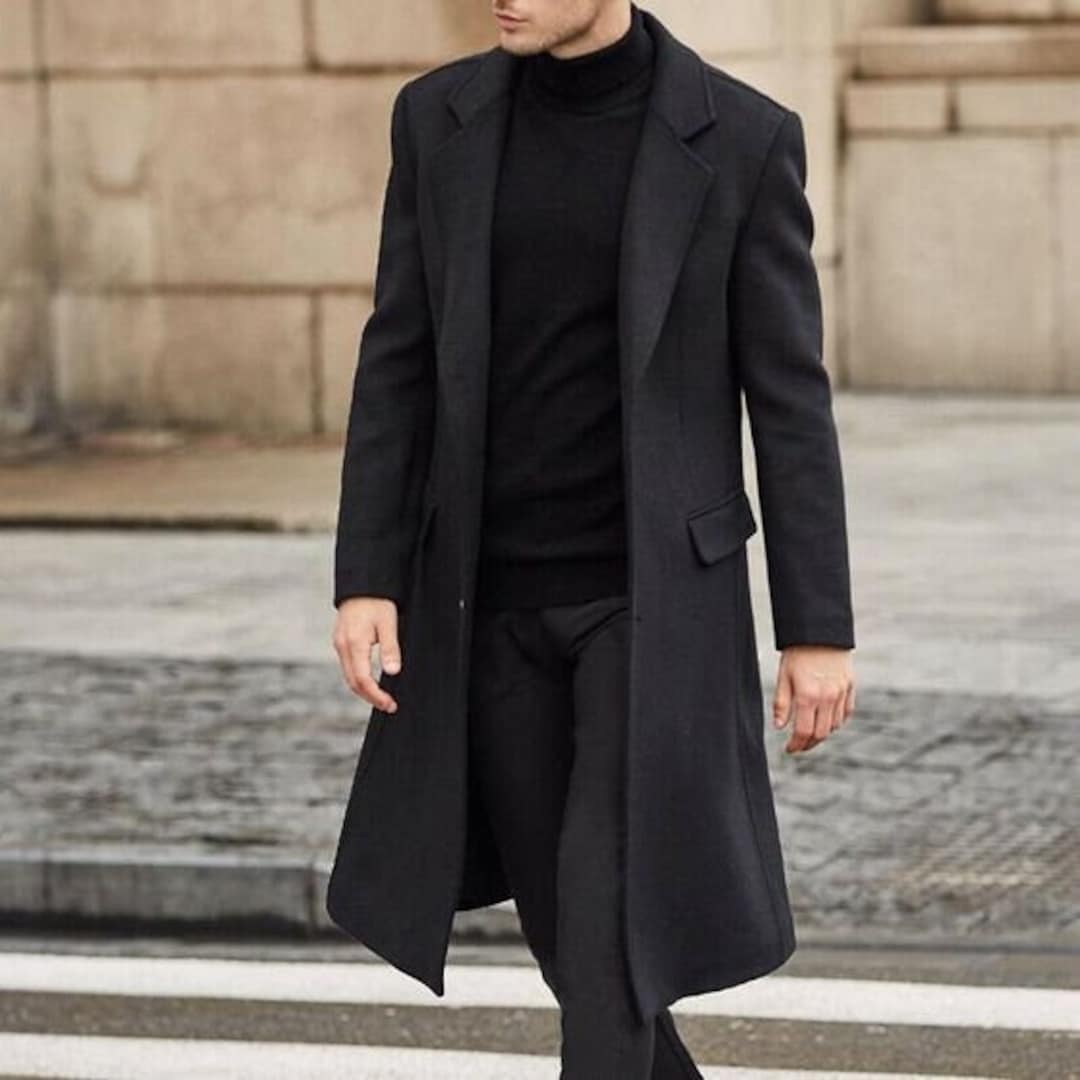 Men Black Woolen Trench Coat Winter Long Coat Black Winter Outwear Long Coat for Men Gift for ...