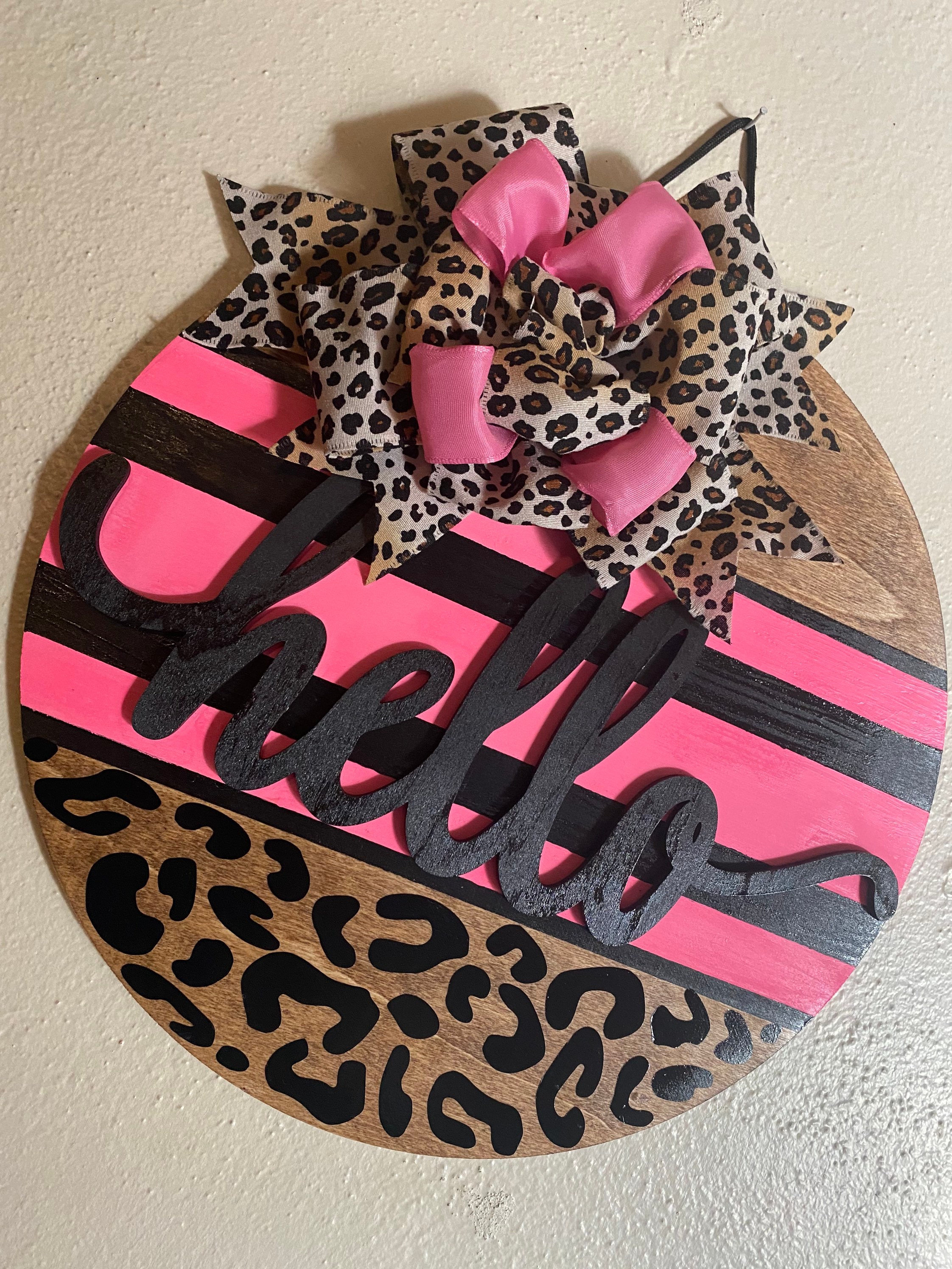 Hello Cheetah Print Door Sign Pink Welcome Door Sign Pink & - Etsy