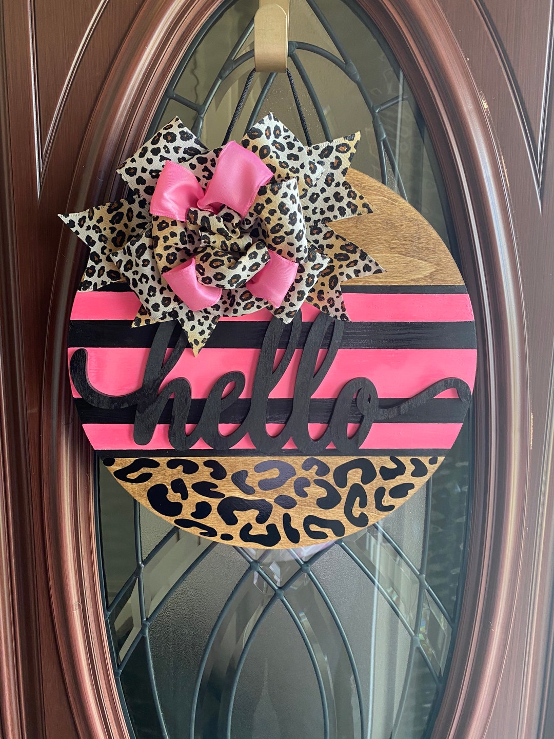 Hello Cheetah Print Door Sign, Pink Welcome Door Sign, Pink & Leopard ...