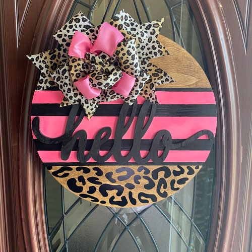 Hello Cheetah Print Door Sign Pink Welcome Door Sign Pink & - Etsy