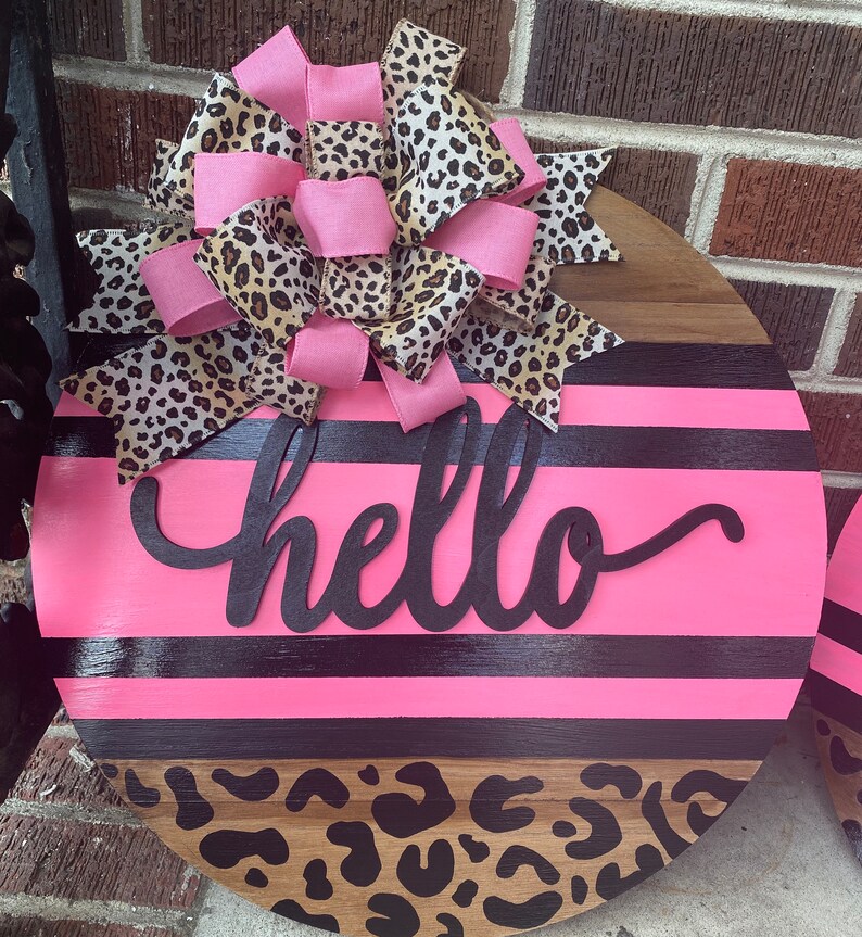 Hello Cheetah Print Door Sign Pink Welcome Door Sign Pink & - Etsy