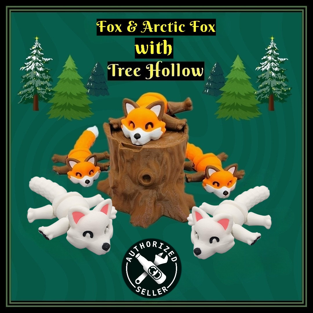 Articulated Arctic Fox or Fox Toy and Tree Hollow Home Fidget Sensory ...