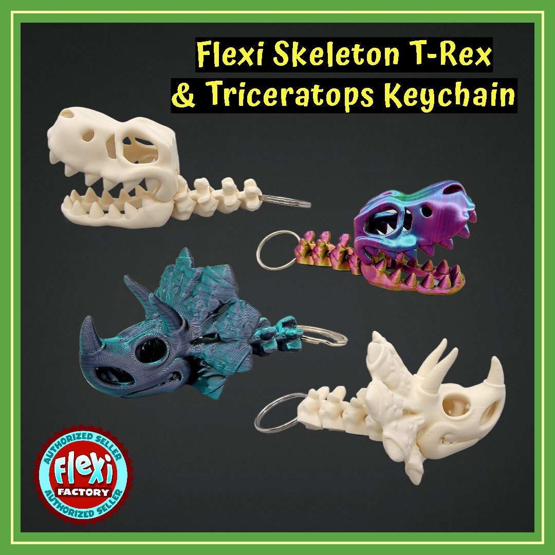 Flexi Skeleton T Rex & Triceratops Keychain, Fidget, Sensory, Back Pack ...