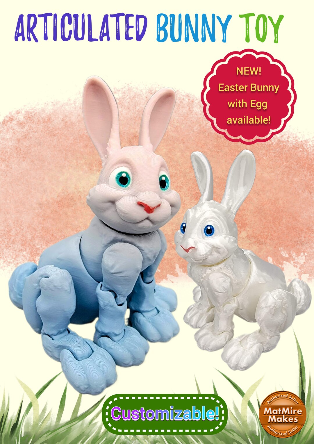 Articulated Bunny Toy Fun Fidget, With Painted Eyes and Custom Colors ...