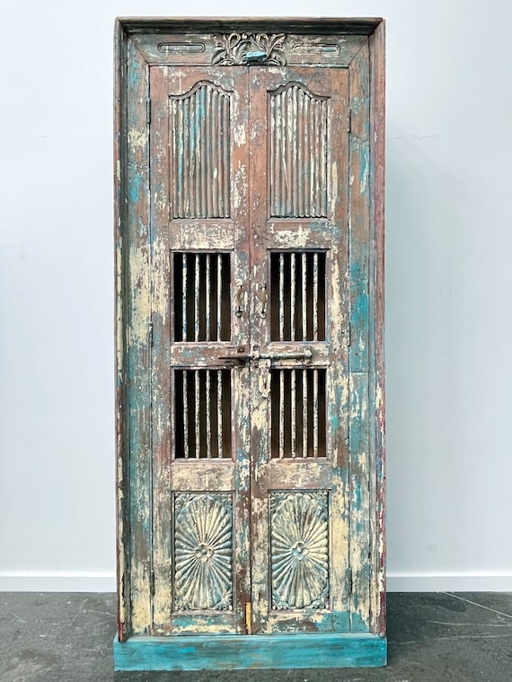 Reclaimed Indian Antique Timber Metal Rod Vintage Door Wardrobe Cupboard Storage Cabinet Closet Etsy