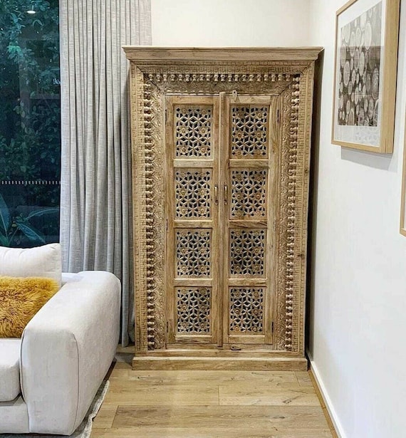 East Connection Hand Carved Latticework Vintage Antique Indian Distressed Timber Wardrobe Cupboard Cabinet Storage Closet Etsy