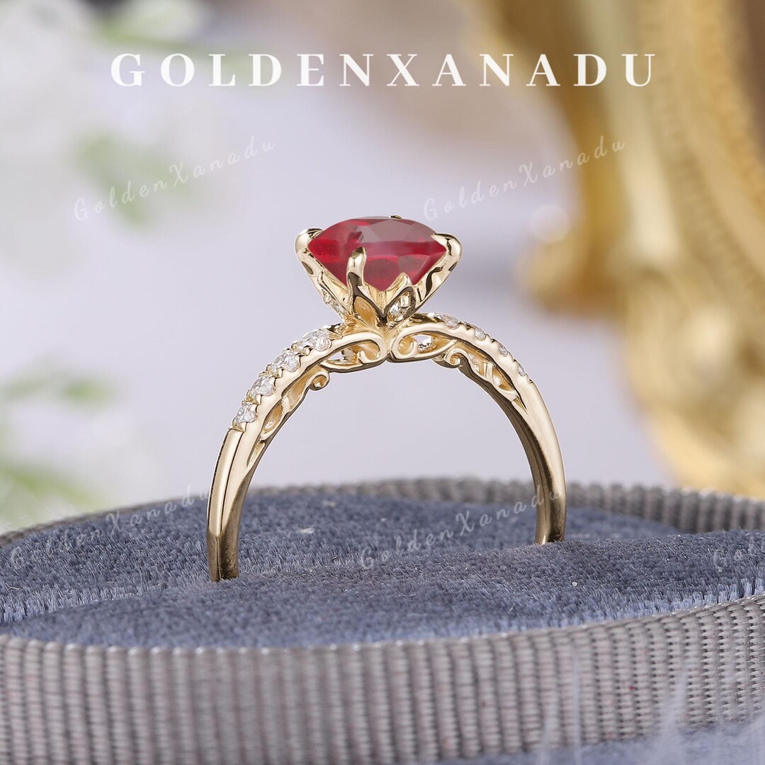 Unique Ruby Flower Engagement Ring Solid Gold Ruby Wedding Ring ...