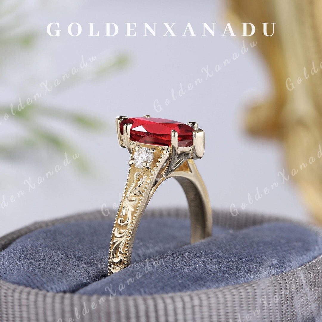Vintage Marquise Ruby Engagement Ring Solid Gold Art Deco Ruby Engraved Wedding Ring Garnet Ring ...