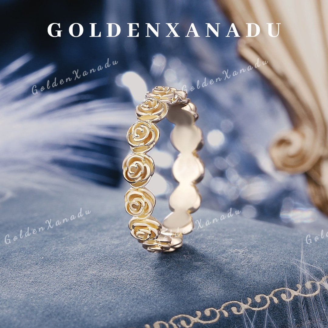 Rose Flower Wedding Band Solid Gold Rosebud Wedding Ring Natural ...