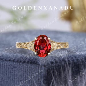 Vintage Ruby Engagement Ring Engraved Flower Oval Red Ruby Wedding Ring Solid Gold Gemstone ...